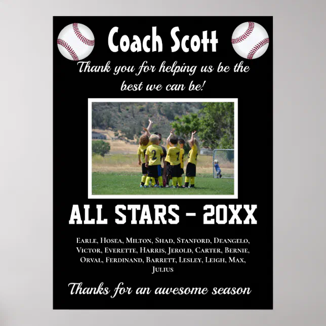 Baseball coach gift with team photo poster | Zazzle