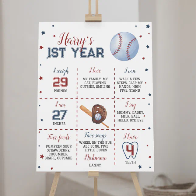 Baseball First Birthday Milestone Poster | Zazzle
