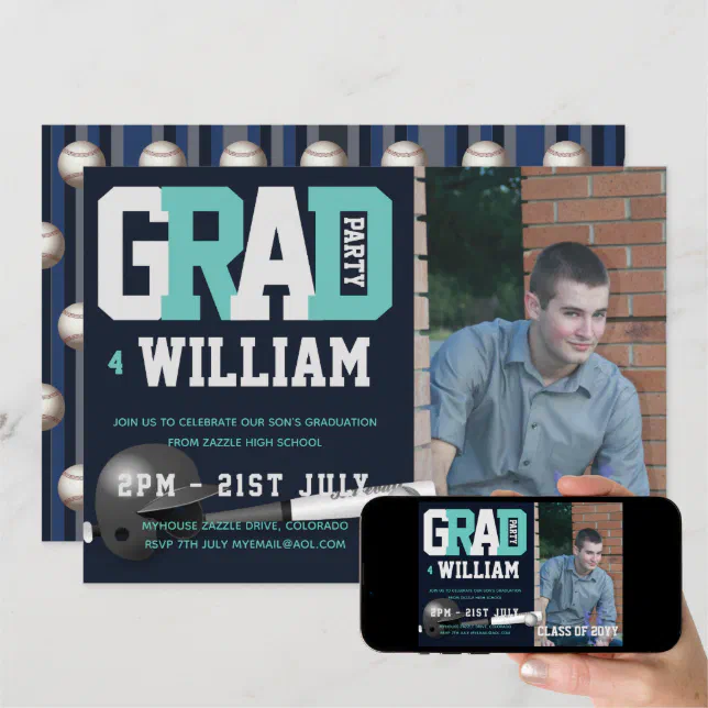 Baseball GRADUATION PHOTO invitation Blue | Zazzle