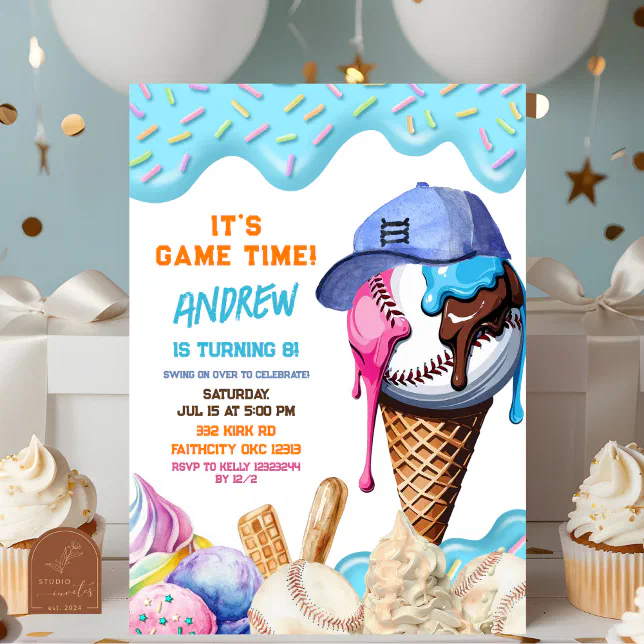 Baseball Ice Cream Dripping Birthday Party Invitation | Zazzle