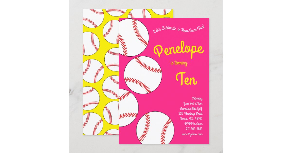 Baseball Kids Birthday Party Sports Pink Girls Invitation | Zazzle