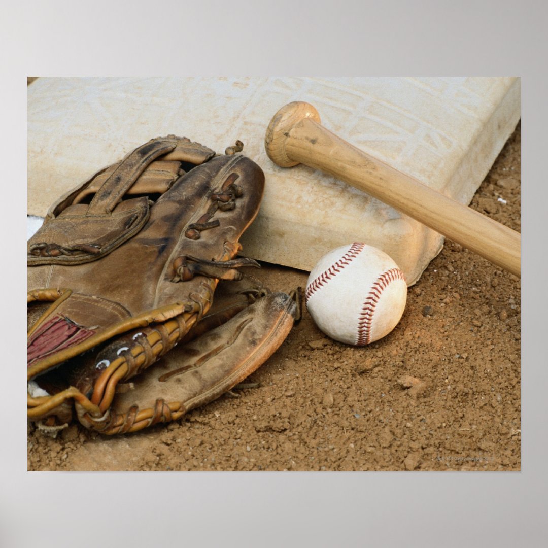 Baseball, Mitt, and Bat on Base Poster | Zazzle