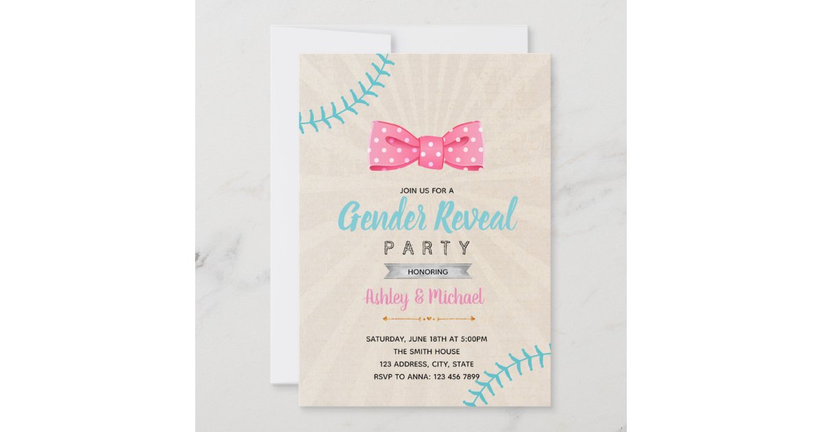 Baseball or bow gender reveal invitation | Zazzle