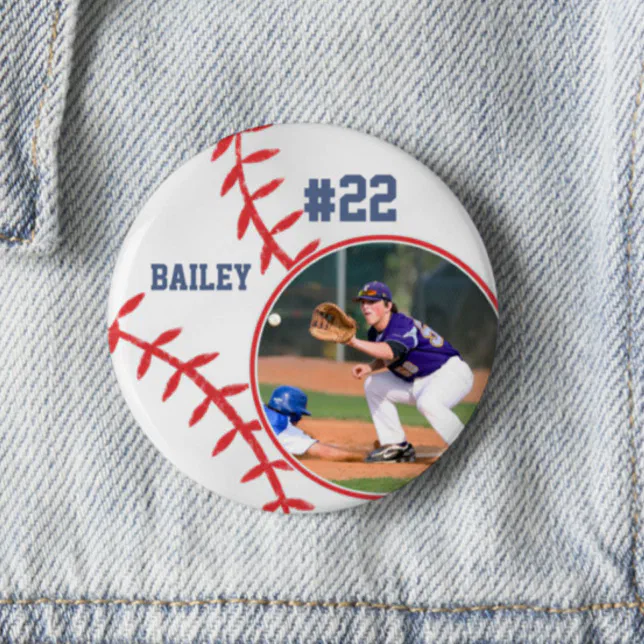 Baseball Pin Name Jersey Number Photo Button | Zazzle