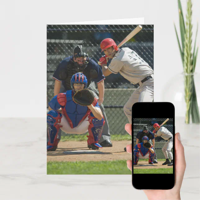 Baseball pitcher, batter and umpire in ready card | Zazzle