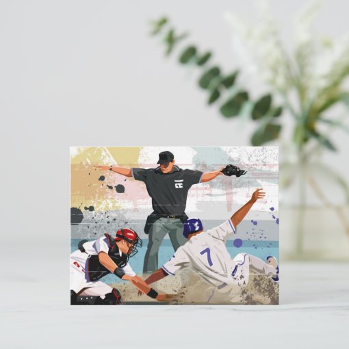 Baseball player safe at home plate postcard | Zazzle