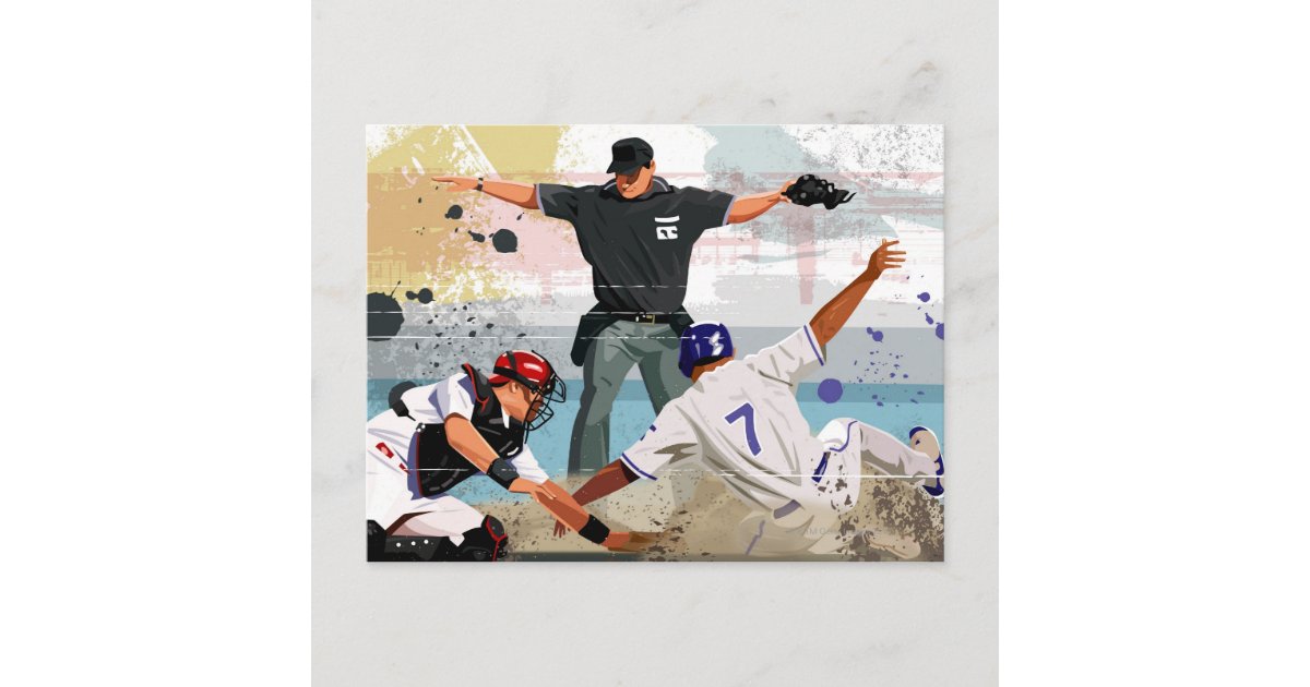 Baseball player safe at home plate postcard | Zazzle