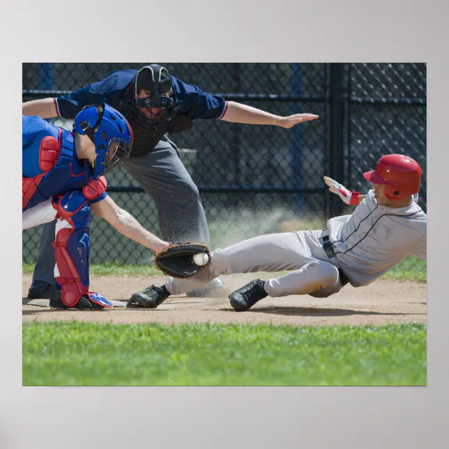 Baseball player sliding into home plate poster | Zazzle