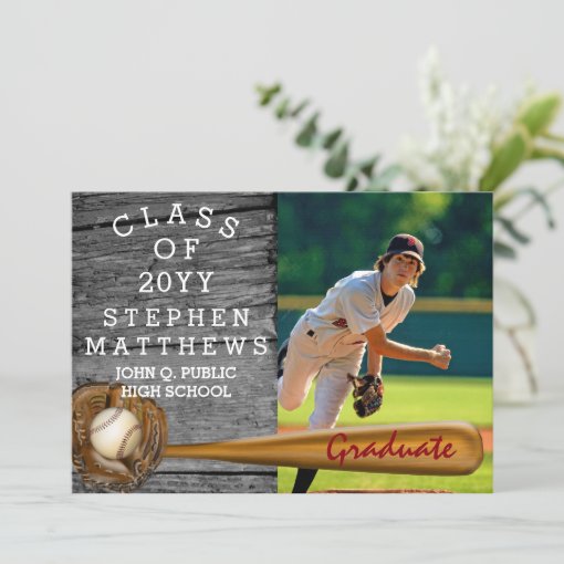 Baseball Player Sports Rustic Photo Graduation Invitation | Zazzle