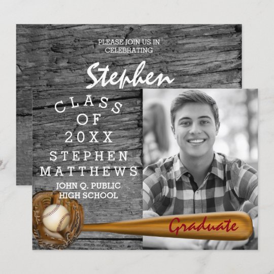 Baseball Player Sports Rustic Photo Graduation Invitation | Zazzle.com