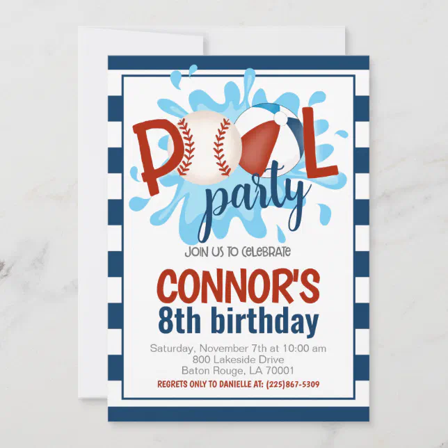 Baseball Pool Party Birthday Invitation | Zazzle