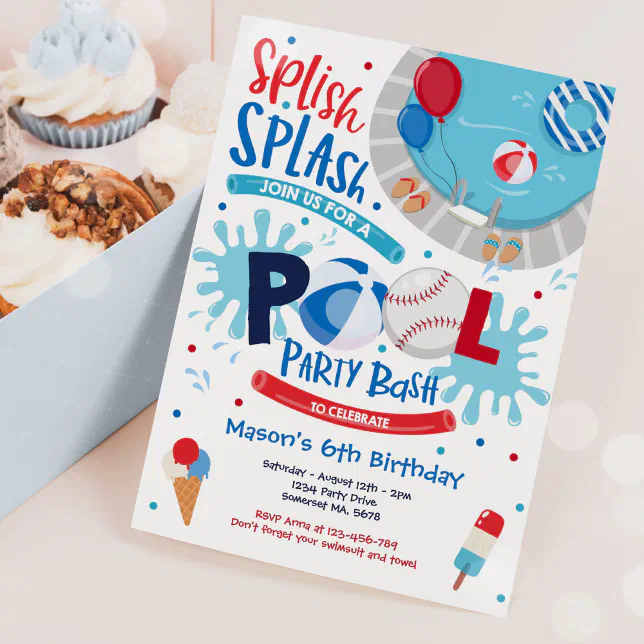 Baseball Pool Party Splish Splash Pool Birthday Invitation | Zazzle