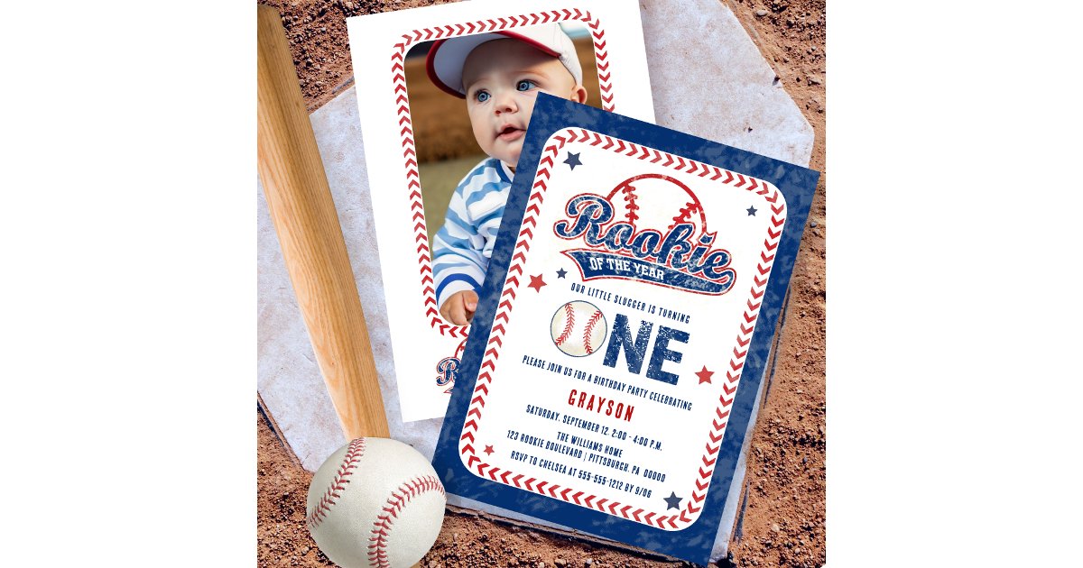 Baseball Rookie Back Photo 1st Birthday Party Invitation | Zazzle