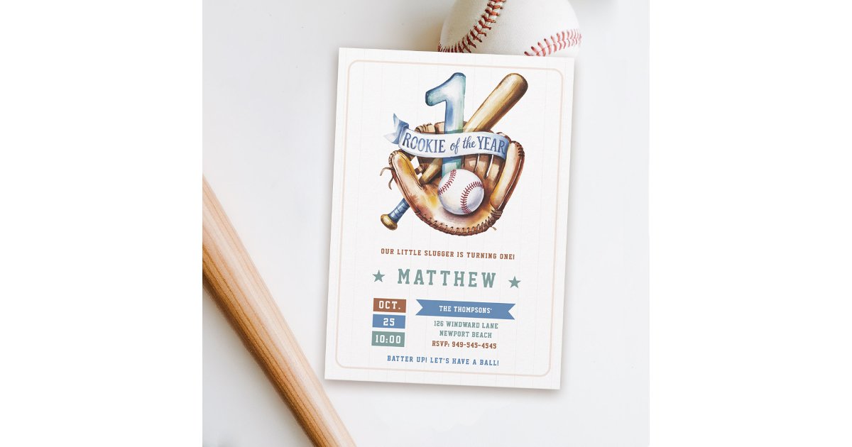 Baseball Rookie Ball Bat Blue Fun Boy 1st Birthday Invitation | Zazzle