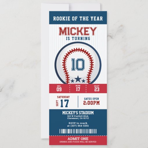 Baseball Rookie Of The Year Birthday Party Ticket Invitation | Zazzle