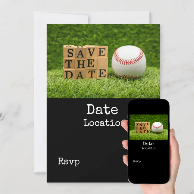 Baseball save the date with ball on green grass in invitation | Zazzle
