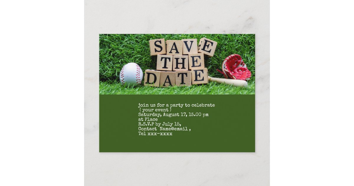 Baseball save the date with ball on green postcard | Zazzle
