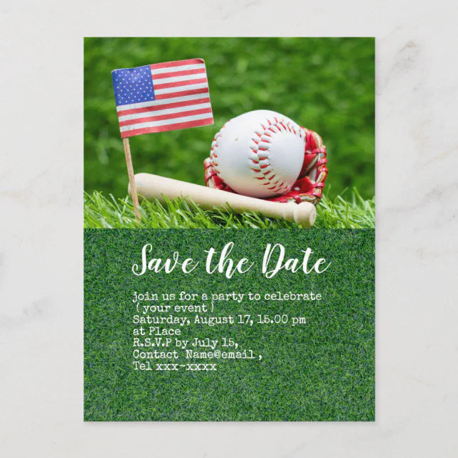 Baseball save the date with flag of America Postcard | Zazzle