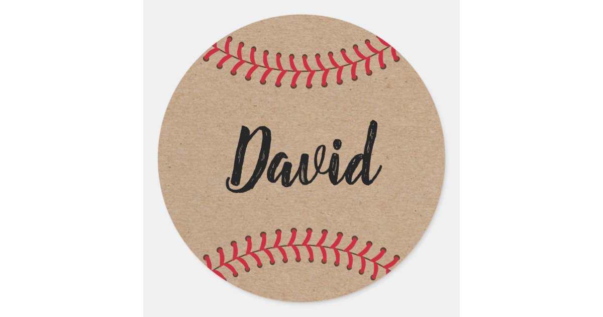 Baseball Sport Theme with Name Rustic Kraft Classic Round Sticker | Zazzle