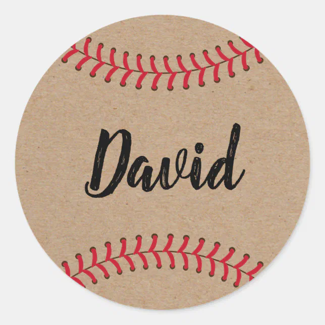 Baseball Sport Theme with Name Rustic Kraft Classic Round Sticker | Zazzle