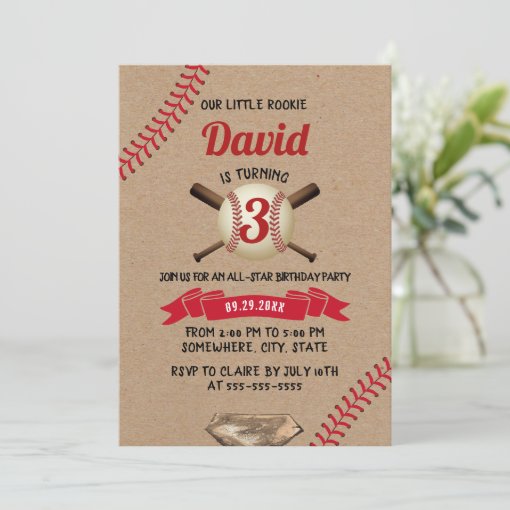 Baseball Sports All Star Rustic Kraft Birthday Invitation | Zazzle