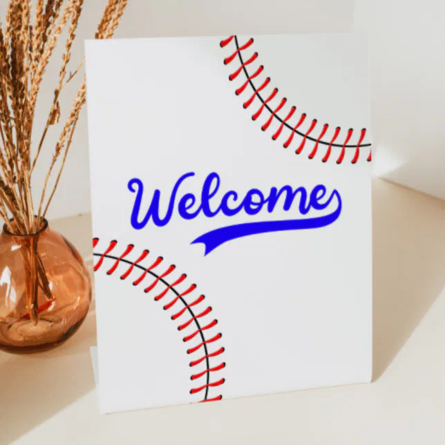 Baseball Sports Red Blue Party Welcome Table Pedestal Sign | Zazzle