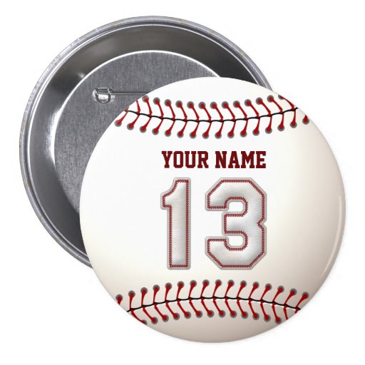 Baseball Stitches Player Number 13 and Custom Name Button | Zazzle
