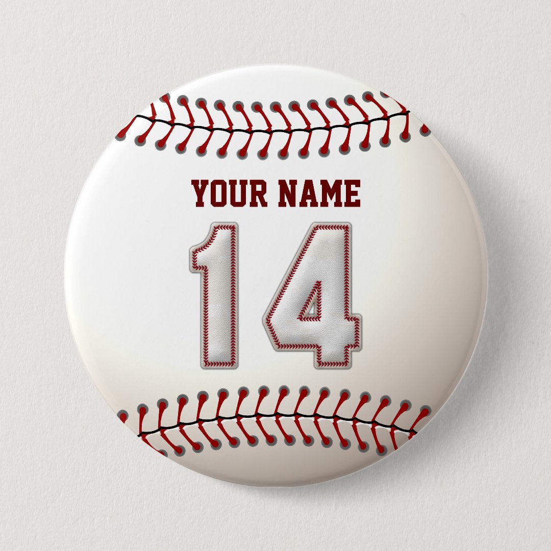 Baseball Stitches Player Number 14 and Custom Name Pinback Button | Zazzle