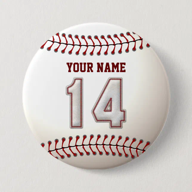 Baseball Stitches Player Number 14 and Custom Name Pinback Button | Zazzle