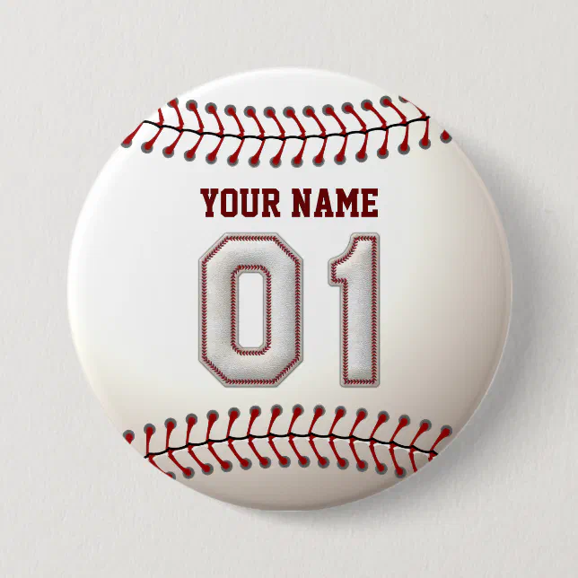 Baseball Stitches Player Number 1 and Custom Name Button | Zazzle