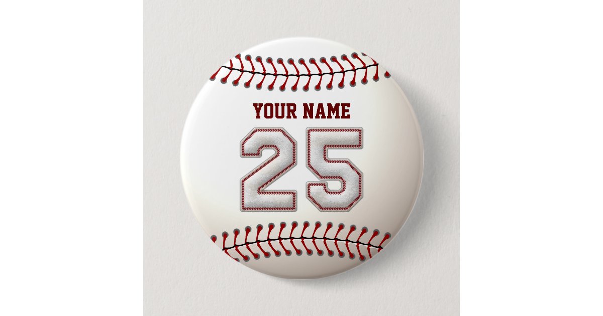 Baseball Stitches Player Number 25 and Custom Name Button | Zazzle