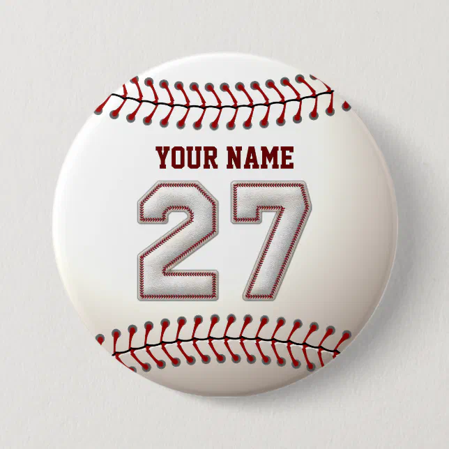 Baseball Stitches Player Number 27 and Custom Name Button | Zazzle