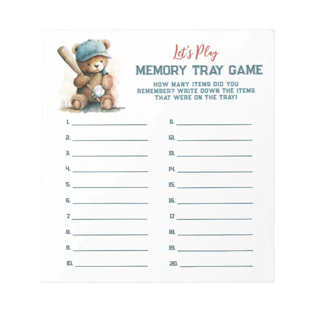 Baseball Teddy Boy Baby Shower Memory Tray Game Notepad | Zazzle