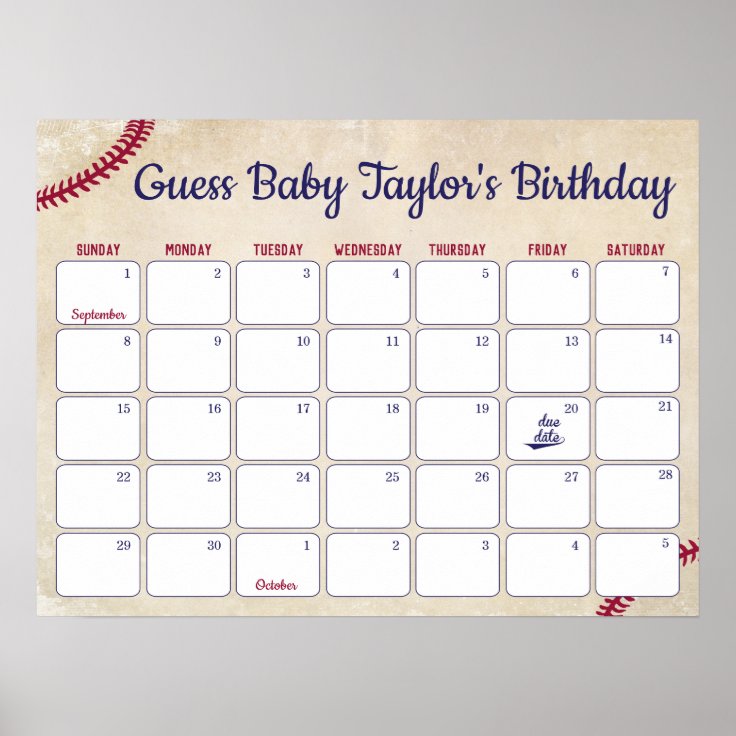 Baseball Themed Baby Birthday Prediction Calendar Poster | Zazzle