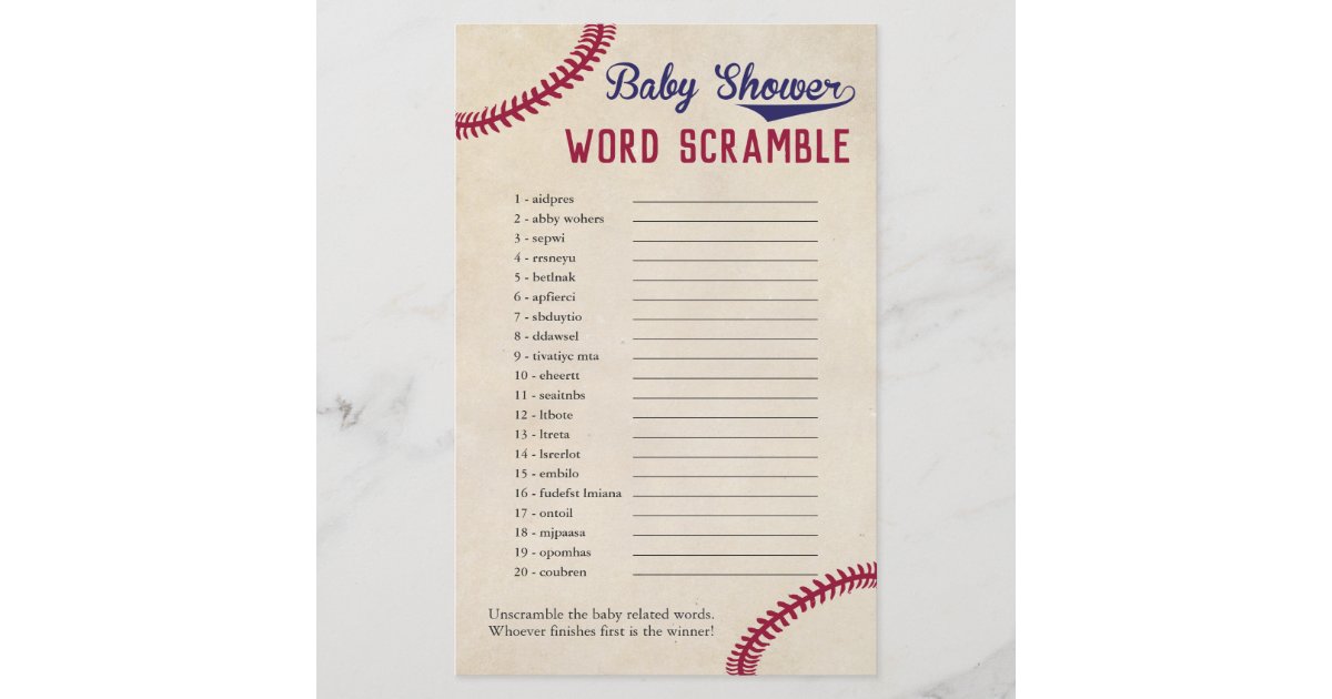 Baseball Themed Baby Shower Word Scramble Game Flyer | Zazzle