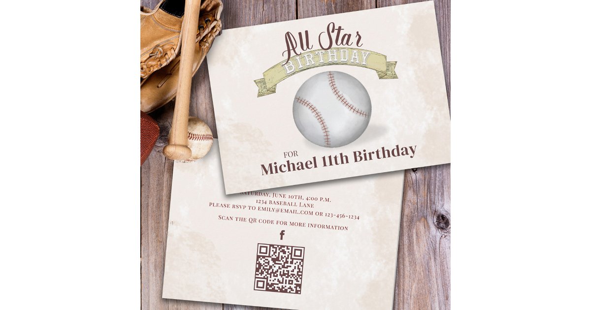 Baseball Vintage All Star QR Code Social Media Invitation | Zazzle