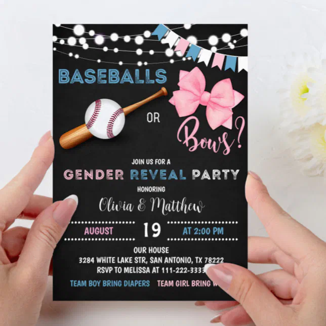 Baseballs or bows Gender Reveal Party Invitation | Zazzle