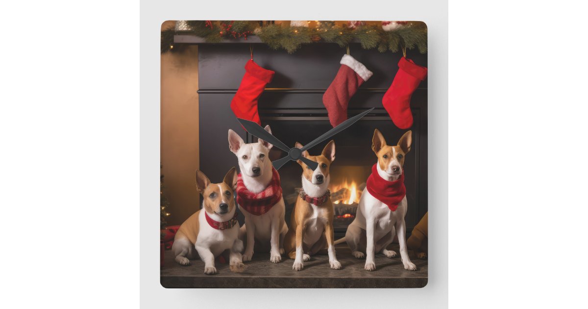 Basenji by the Fireplace Christmas Square Wall Clock | Zazzle