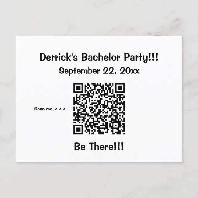 Basic Bachelor Party Invitation with QR Code Info Postcard | Zazzle