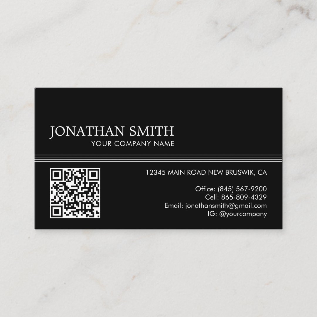 Basic Black Minimal Striped QR Code Business Card | Zazzle