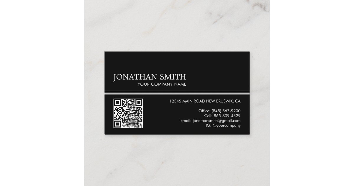 Basic Black Minimal Striped QR Code Business Card | Zazzle