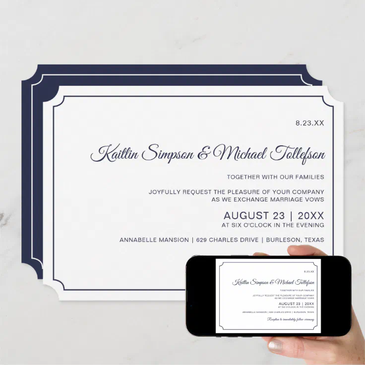 Basic Border Wedding Invitations (Dark Navy Blue) | Zazzle