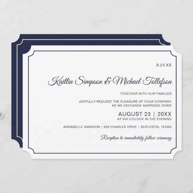 Basic Border Wedding Invitations (Dark Navy Blue) | Zazzle