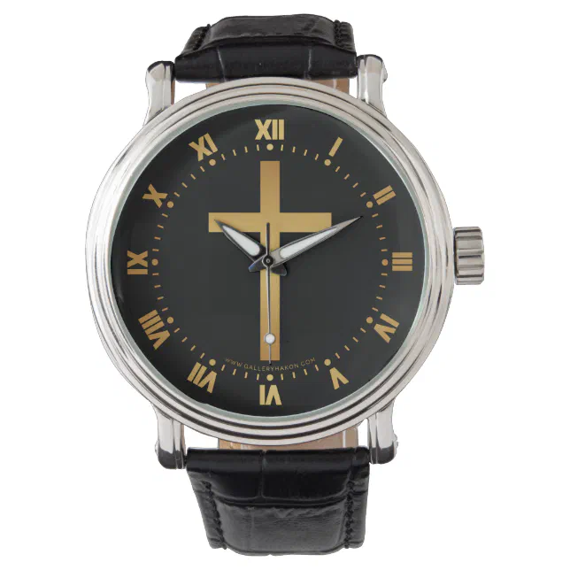 Basic Christian Cross Gold on Black Watch | Zazzle
