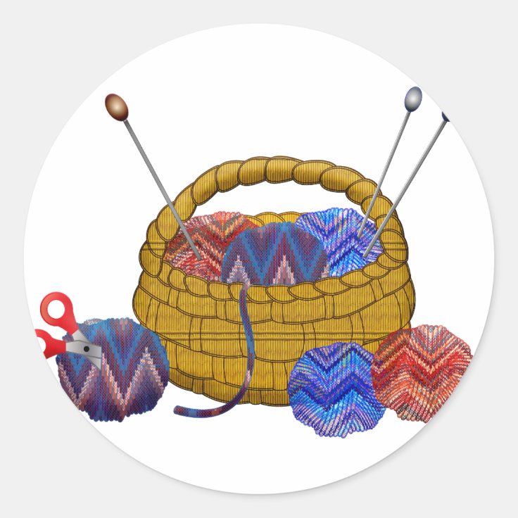 Basket of Yarn Knitting Needles Crochet Craft Classic Round Sticker ...