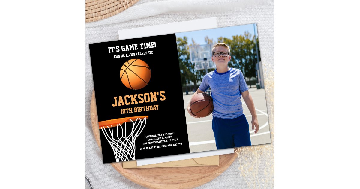 Basket Photo Basketball Ball Birthday Invitations | Zazzle