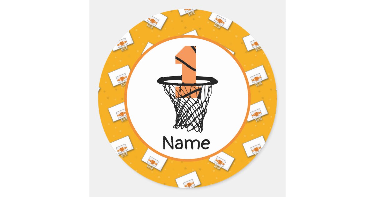 Basketball 1st Birthday with number in mini hoop Classic Round Sticker ...