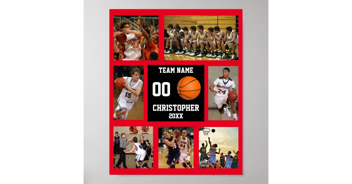 Basketball 7 Photo collage Red team name Poster | Zazzle