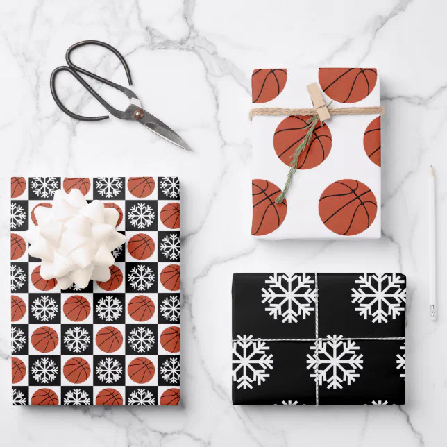 Basketball and Snowflake Black and White Christmas Wrapping Paper ...