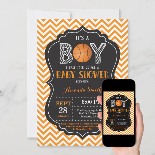Basketball Baby Shower Invitation Orange Chevron | Zazzle